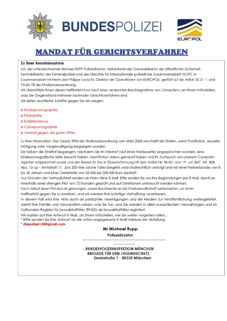 Vorladung von Europol, Europäisches Polizeiamt oder Interpol per Mail ...