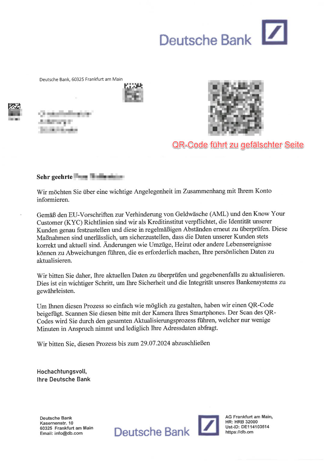 Gefälschte Briefpost im Namen von diversen Banken mit QR-Code ...